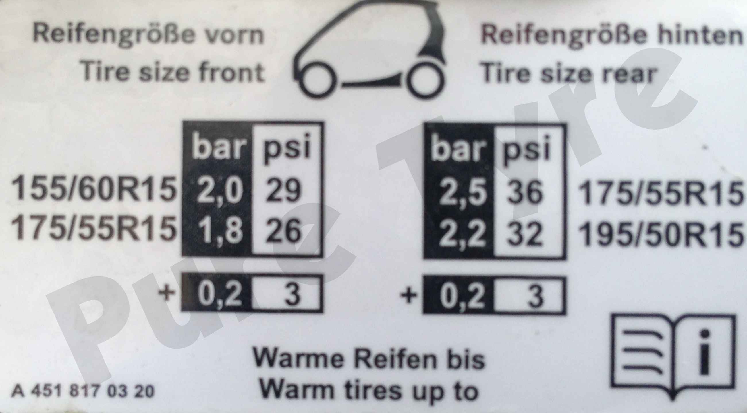Smart Fortwo 451 Tyre Pressure Placard Pure Tyre 01603 462959