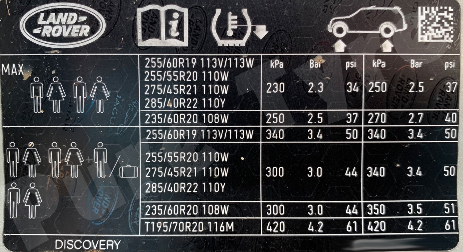 Landrover Discovery 2017 on Tyre Pressure Placard | Pure Tyre 01603 462959