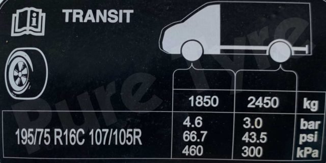 Ford Transit Twin Wheel Tyre Pressure Placard | Pure Tyre 01603 462959